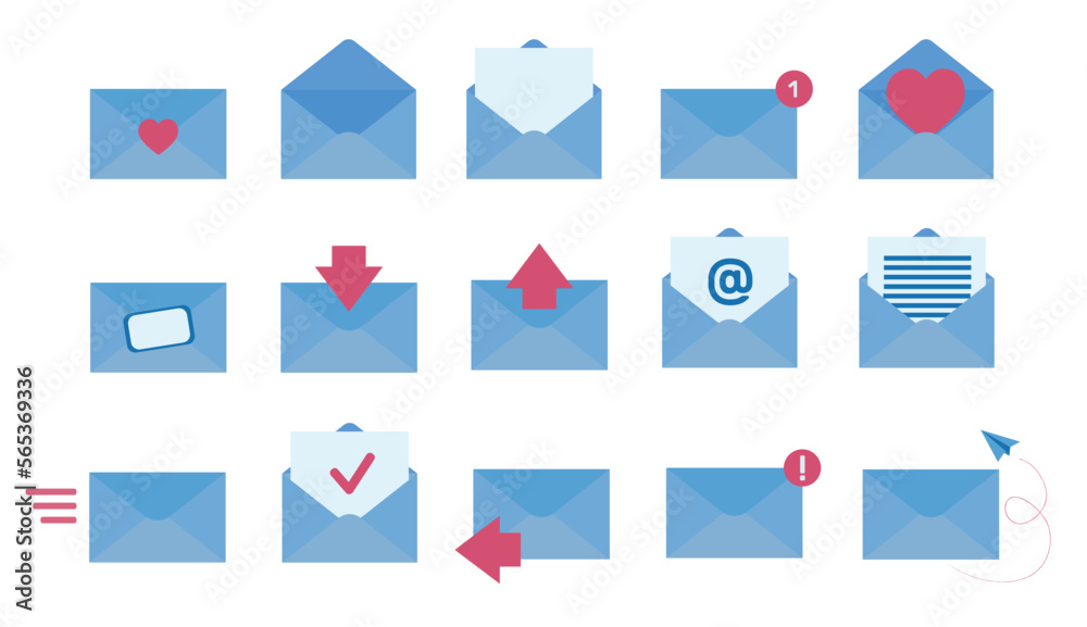 Mail envelope icon set in blue and pink colors isolated on white ...