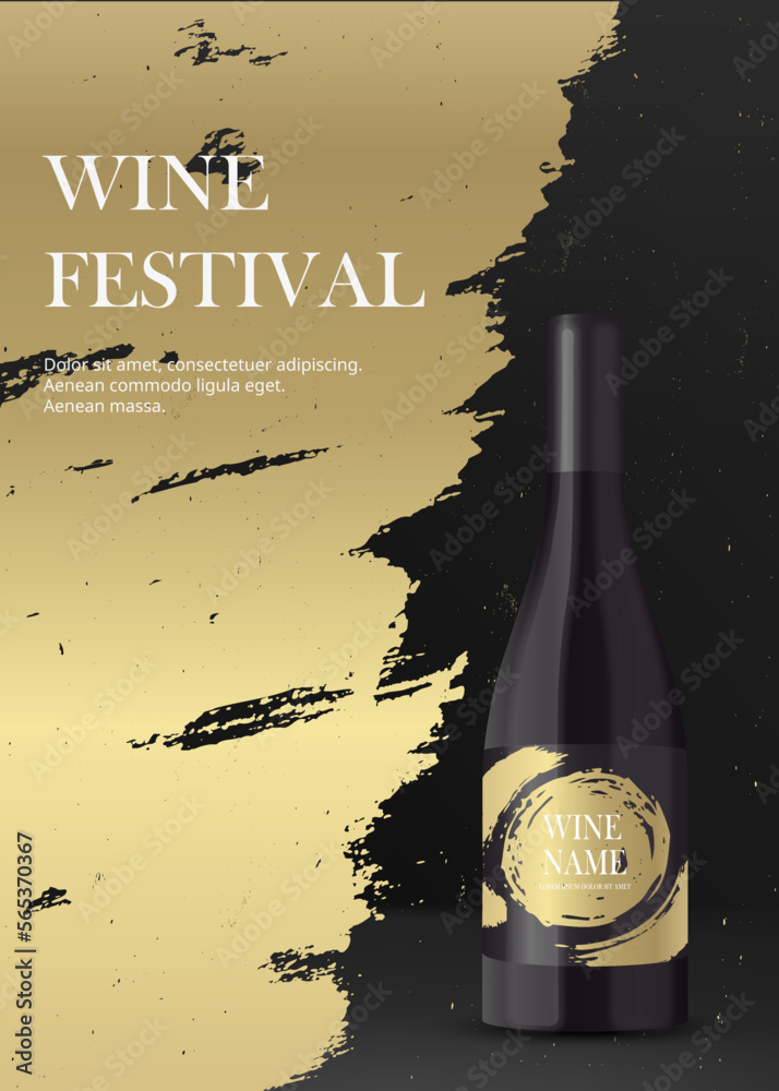 Wine bottle with label on white background. Realistic 3d Black bottle ...