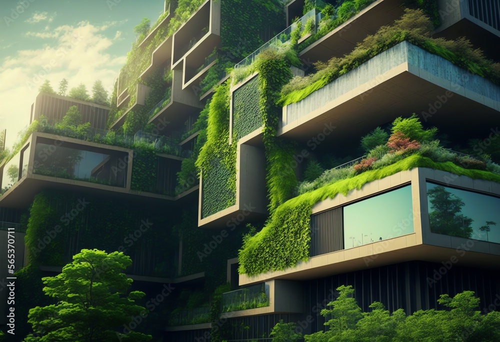 Sustainable building. Building with green plants. Sustainable ...