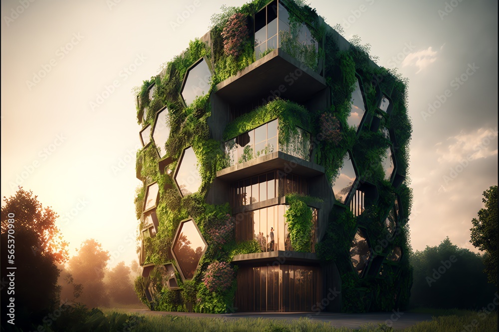 Sustainable building. Building with green plants. Sustainable ...
