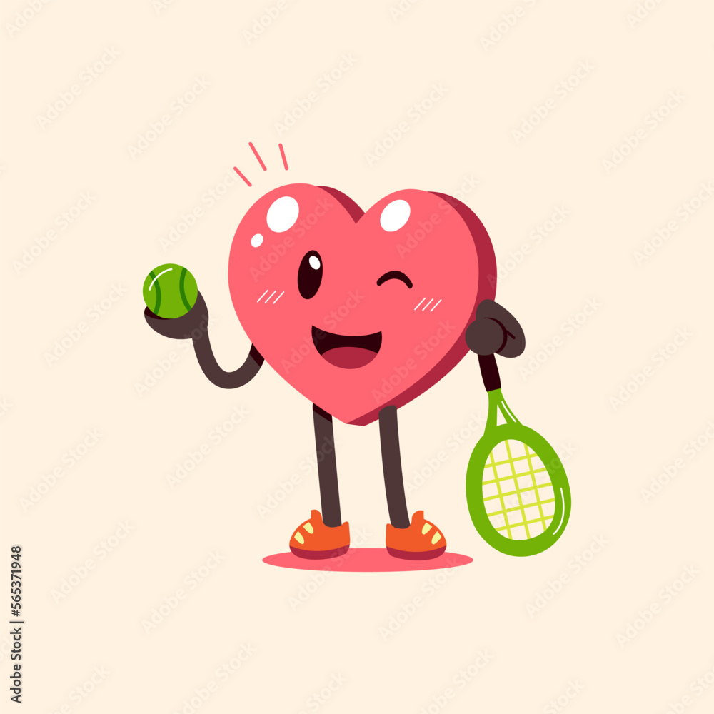 Cartoon heart character with tennis racket and ball for design. Stock ...