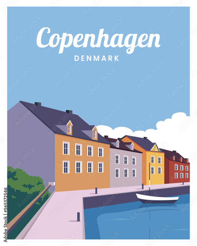 travel poster of Copenhagen city skyline on colorful building. Vector ...