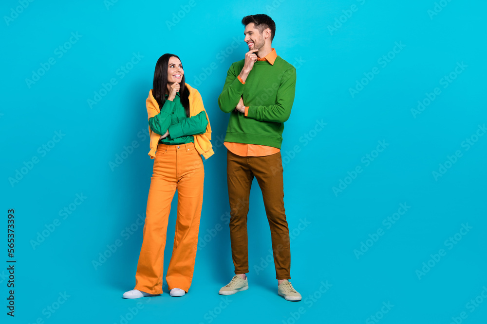 Full length photo of two people meeting look thinking deep mind ...