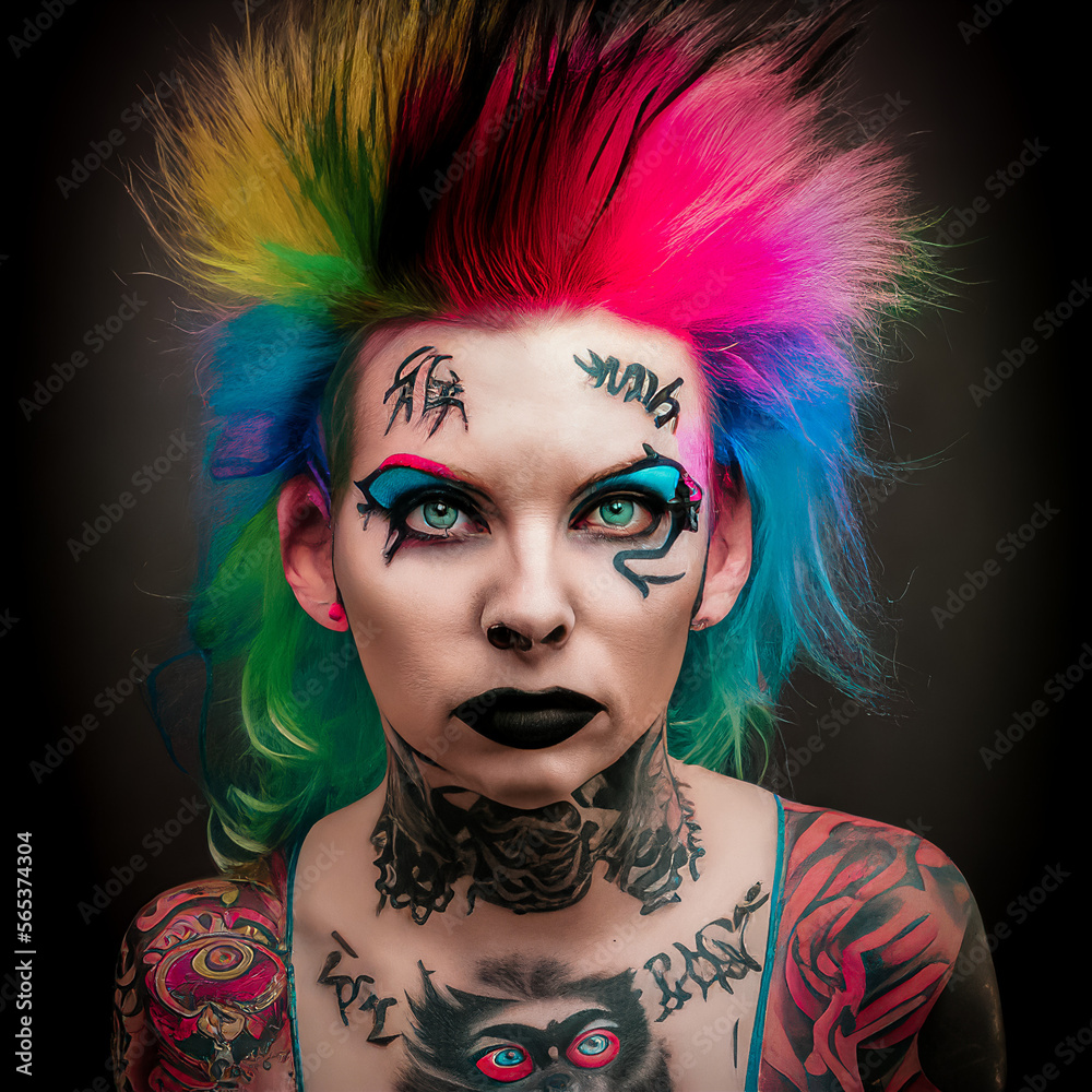 Generative AI – The Power of Color: portrait of a punk rock woman with ...
