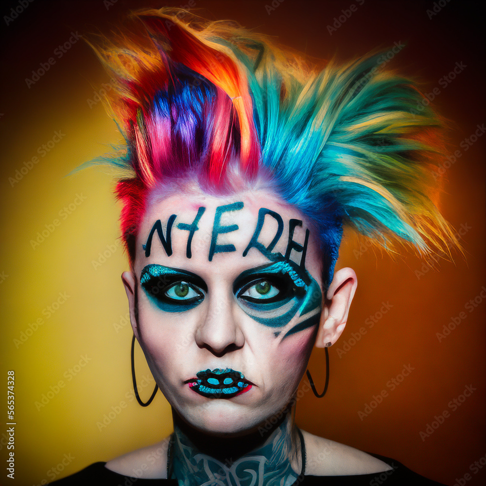 Generative AI – Rainbow Warrior: punk rock woman with rainbow hair and ...