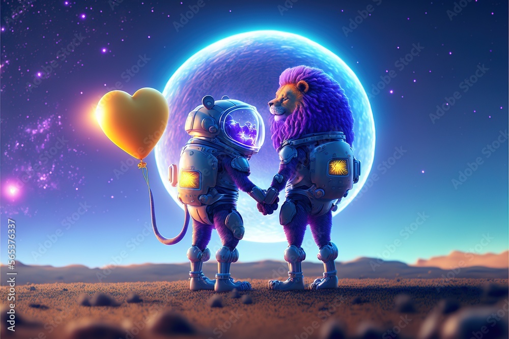 Cyborg lion couples in astronaut suit close up holding heart shape ...