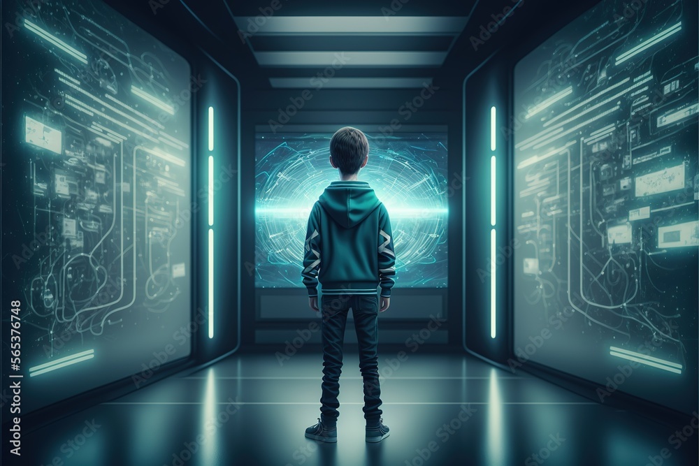 Boy standing in hacker room in front of holographic. Artificial ...