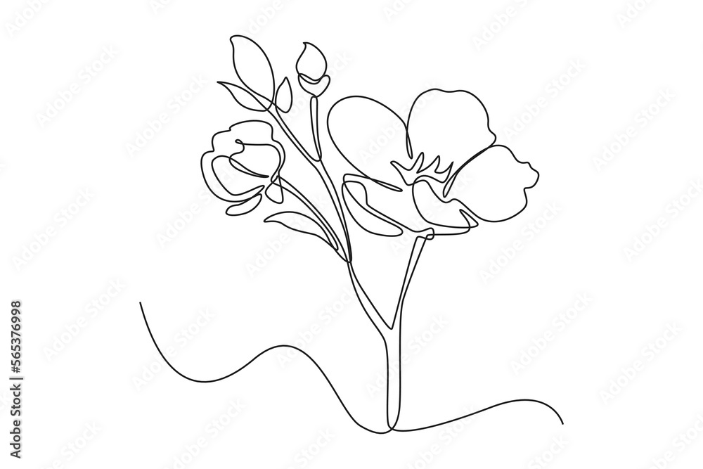 Continuous one line drawing Cherry tree spring flower. Cherry blossom ...