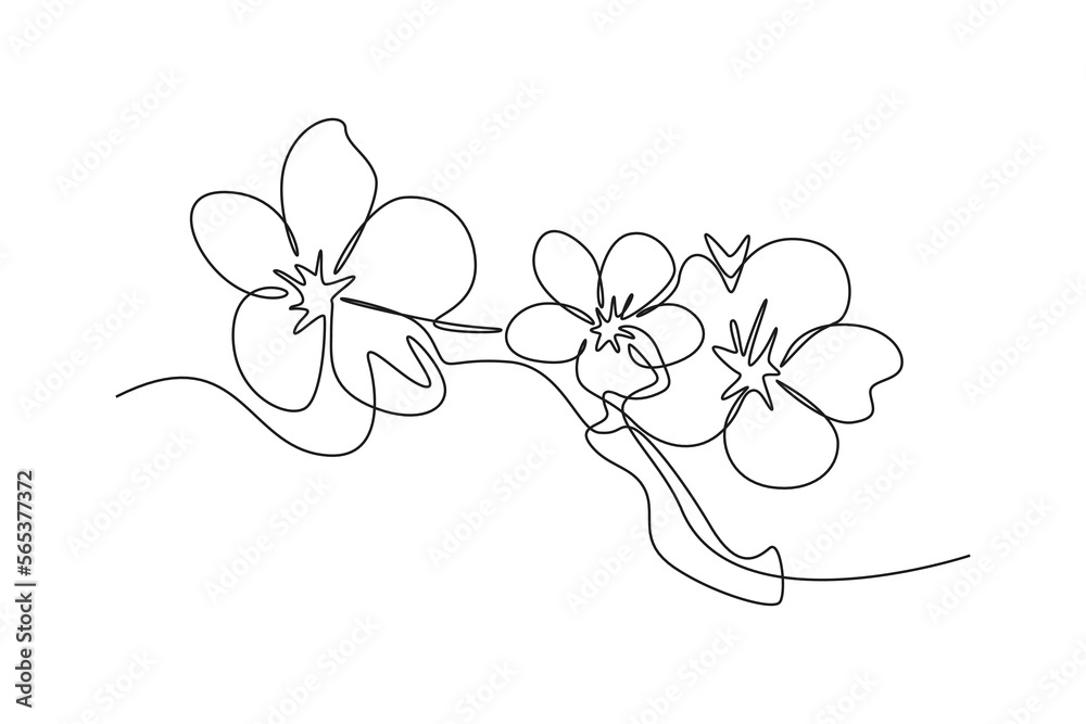 Continuous one line drawing Cherry tree spring flower. Cherry blossom ...