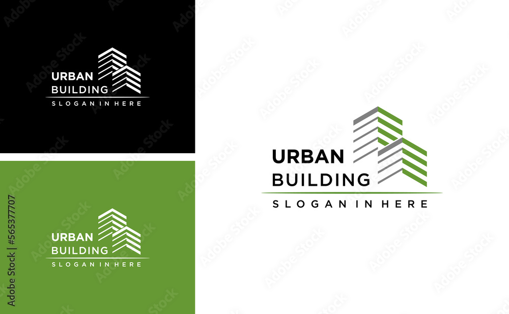 urban roof top building logo design with green town vector template ...