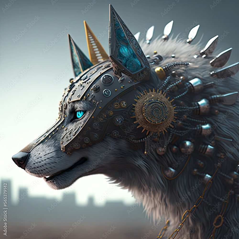 Armed wolf warrior with tribal headpiece, chef of the ancient wolf tribe, fantasy wolf fighter ...