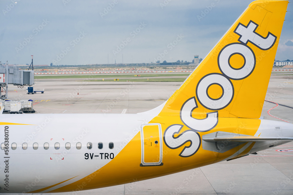 SINGAPORE - MAY 12, 2019: Tail of the Scoot airplane. Scoot is a ...