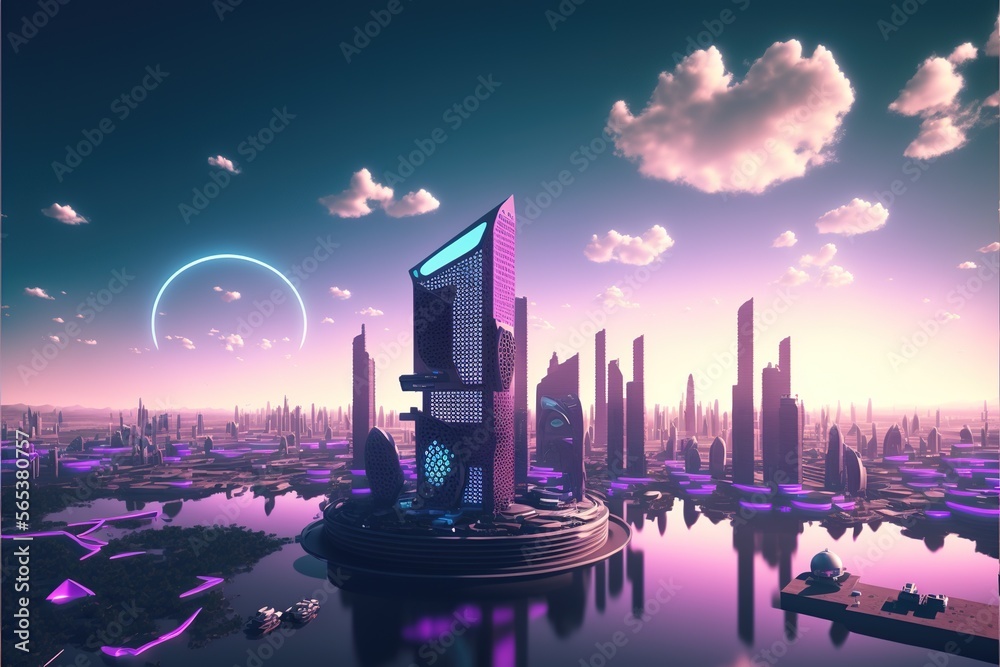 Aerial view of futuristic city,metaverse sunny day parametric buildings ...