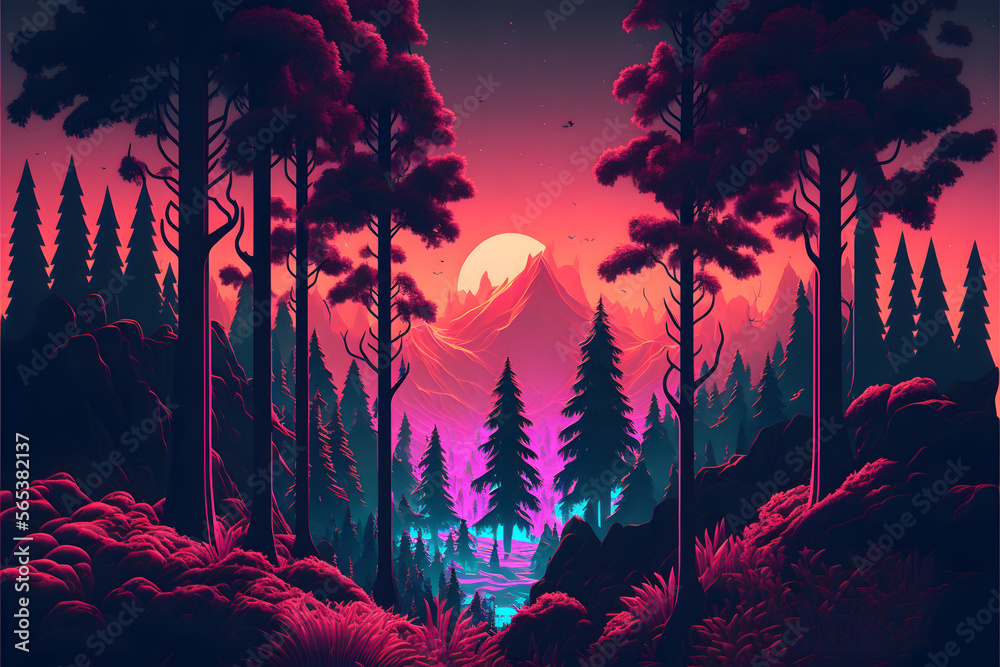 Colorful trees of the fantasy forest in retrowave style. Mystical forest landscape. Generative ...