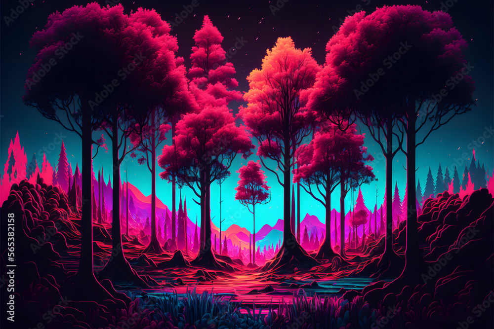 Colorful fantasy forest in retrowave style. Mystical forest with ...