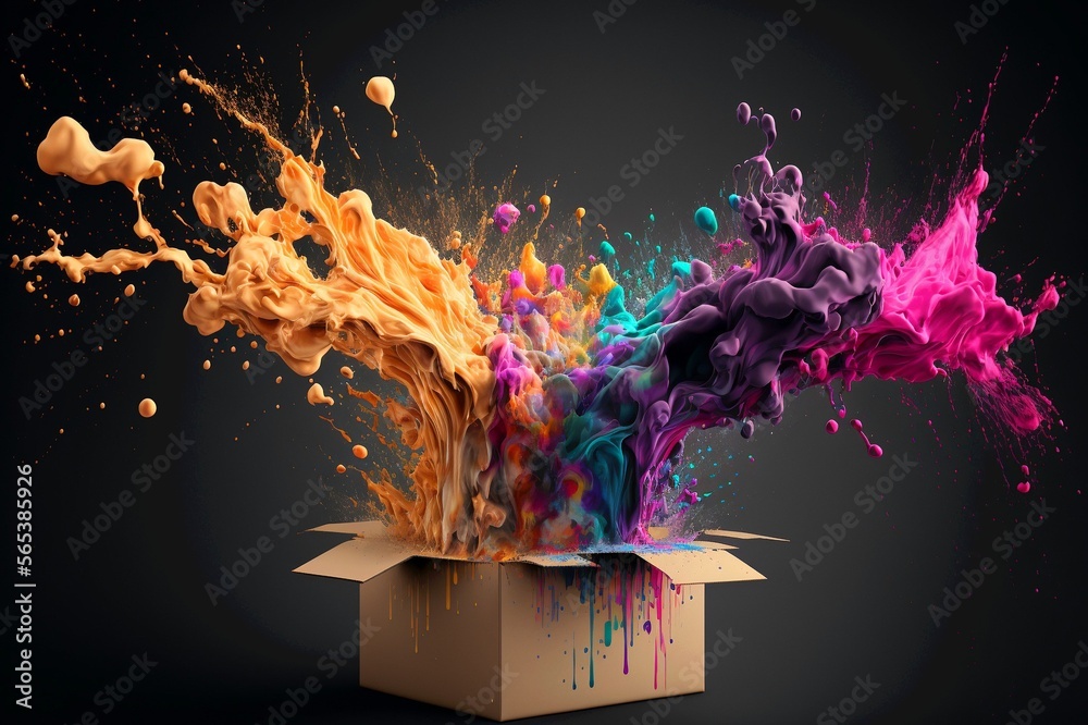 Cardboard box package surprise idea with colorful splash ink. Creative ...