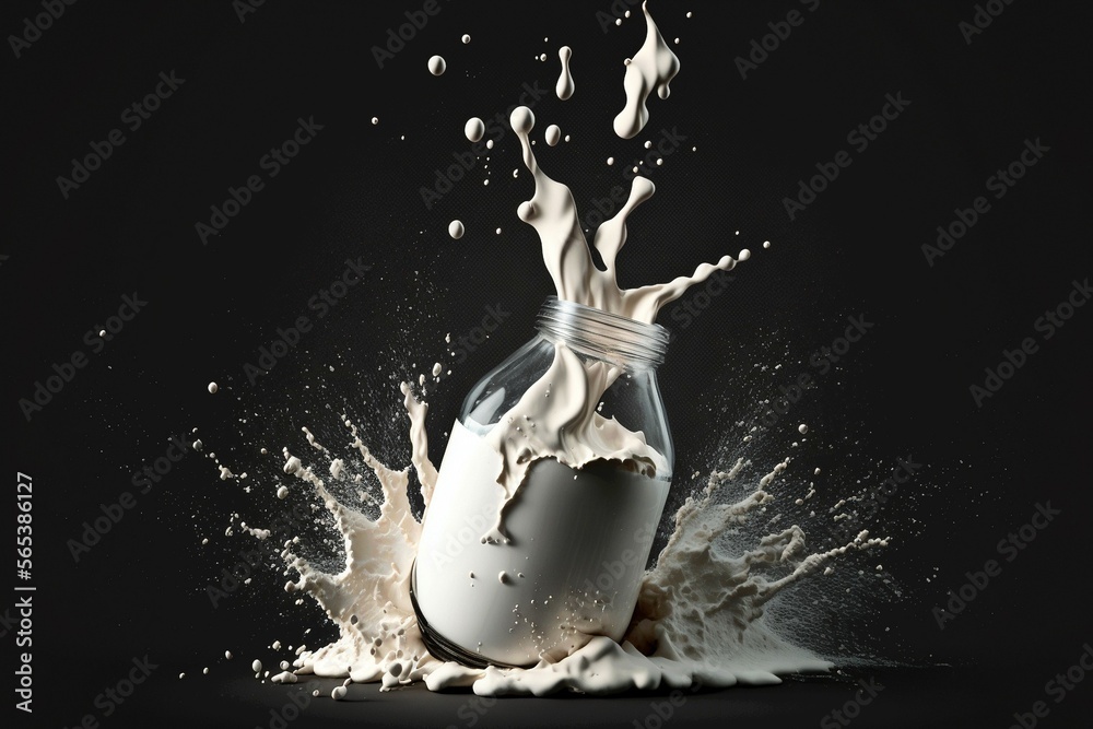 Exploding milk splash against Black Background in slow motion. Milky white liquid dripping ...
