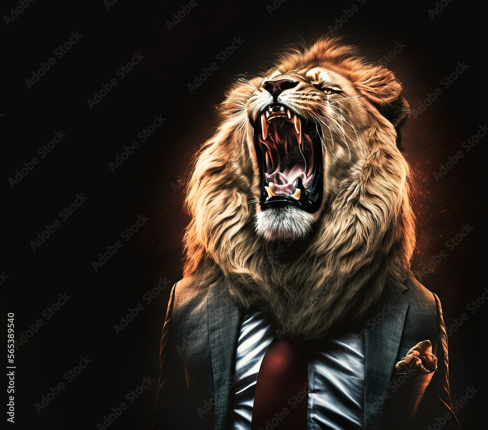 Mad roaring lion, with head back, dressed up like business man. king of ...