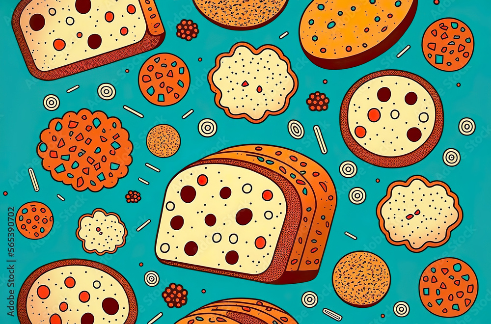 Sweet bread and cookies with vibrant pastel colors Seamless background ...
