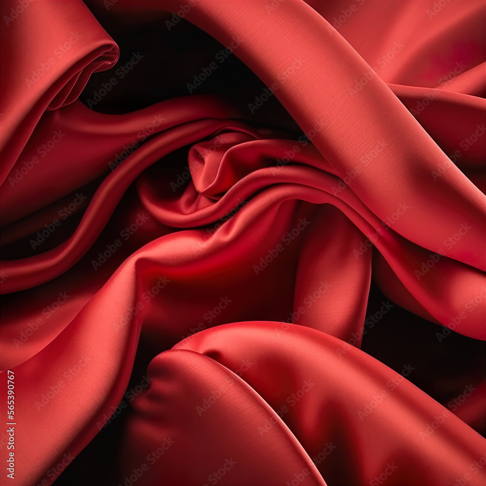 Red silk satin fabric, textile with lots of folds, curves and waves ...