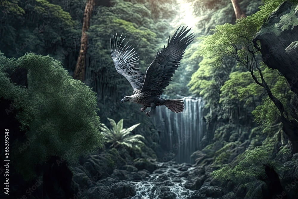 Wild flying bird of prey above green rainforest, nature ecosystem ...