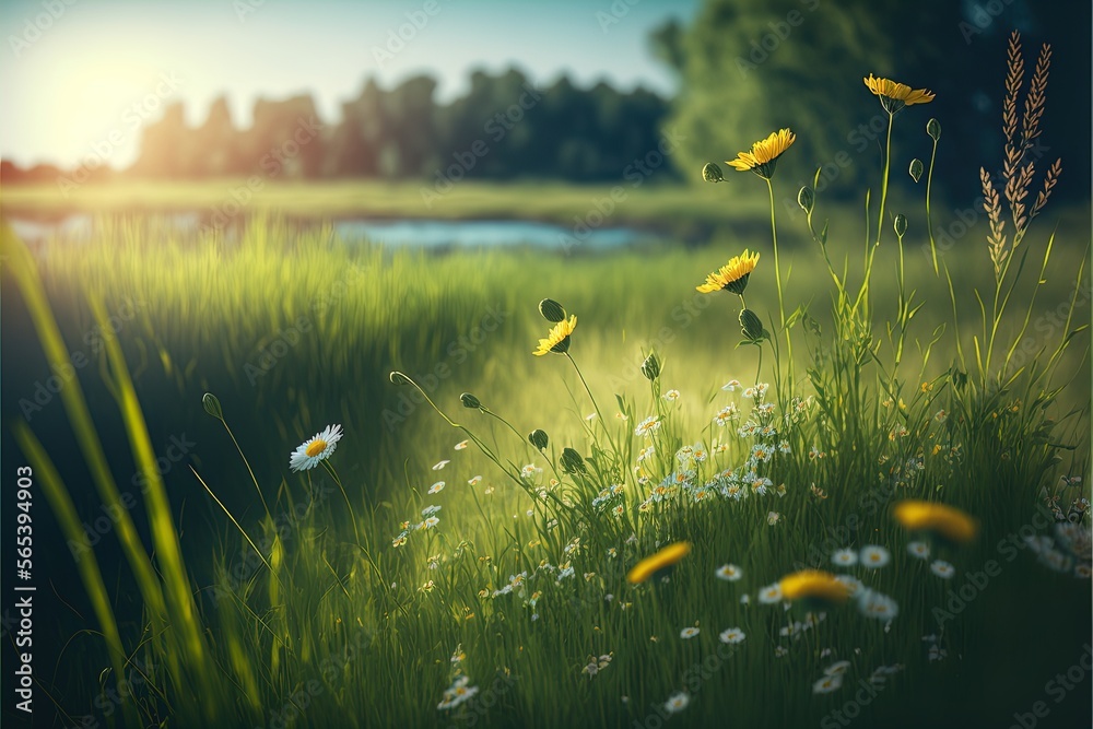 Meadow summer field in sunny day with wild flowers and leaves ...