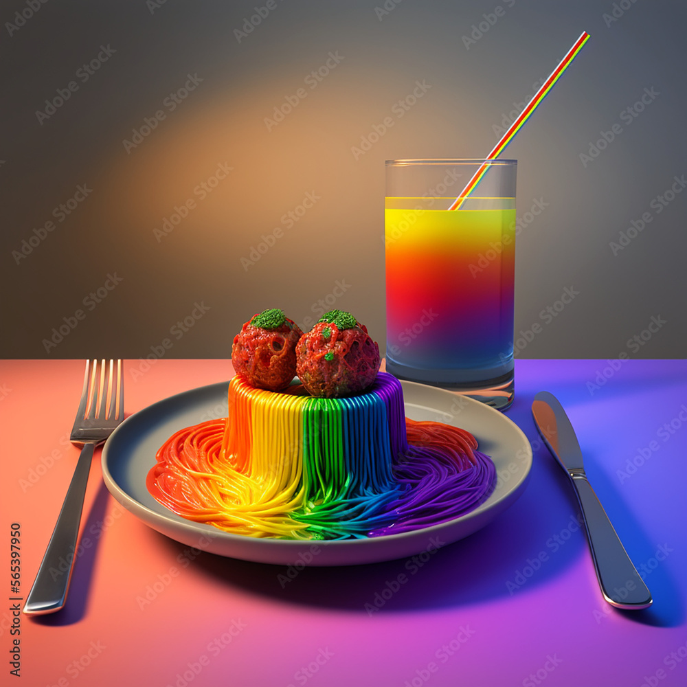 Rainbow colored spaghetti with rainbow colored drink Stock Illustration ...