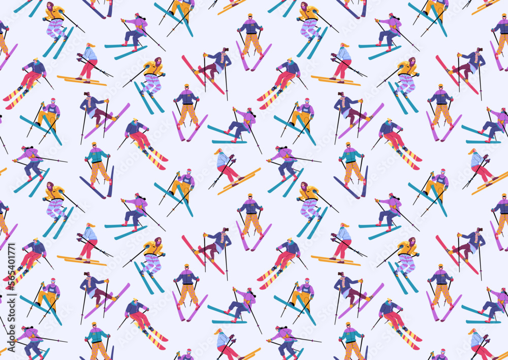 Snowy skiers, outdoor ski pattern. Winter slope, seasonal texture for ...