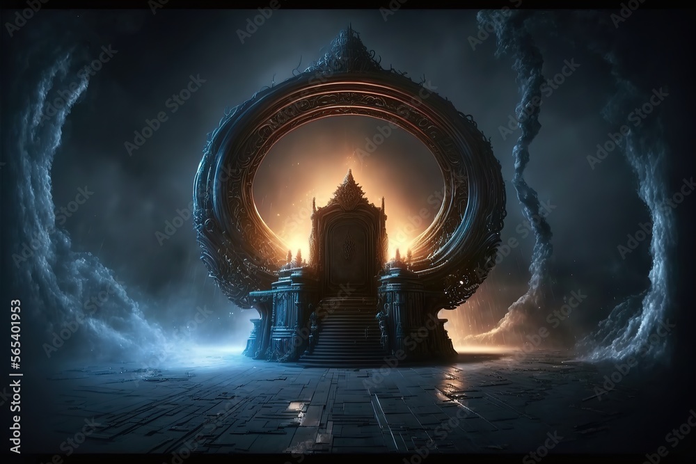 Throne at the intergalactic station, disk-shaped space platform ...
