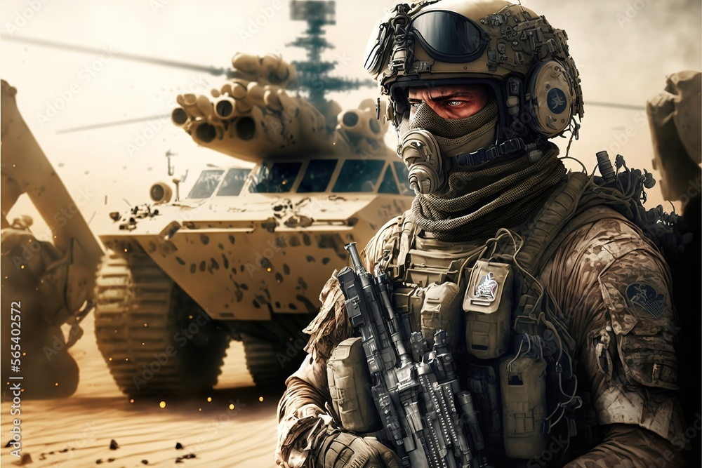 Realistic digital illustration of an elite soldier on the background of ...