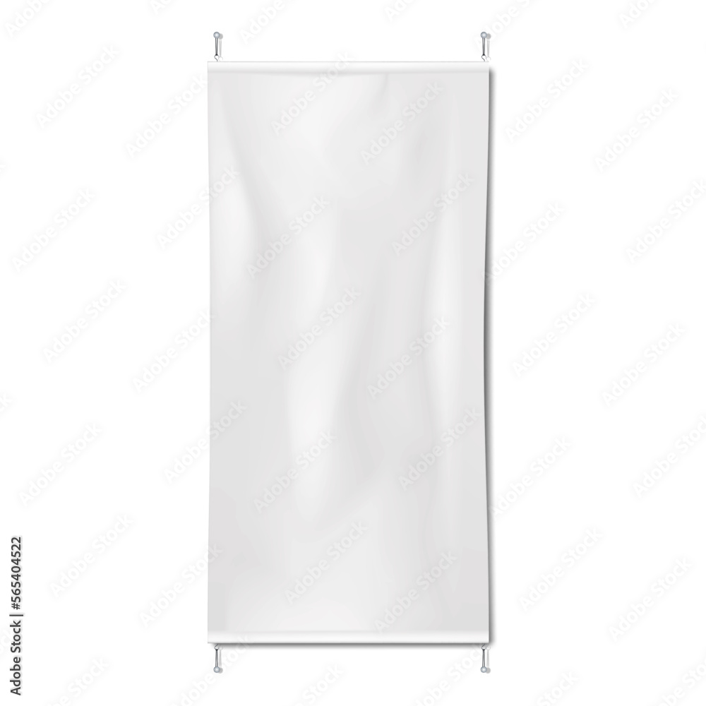 Pinned blank white wall banner realistic vector mock-up. Empty ...