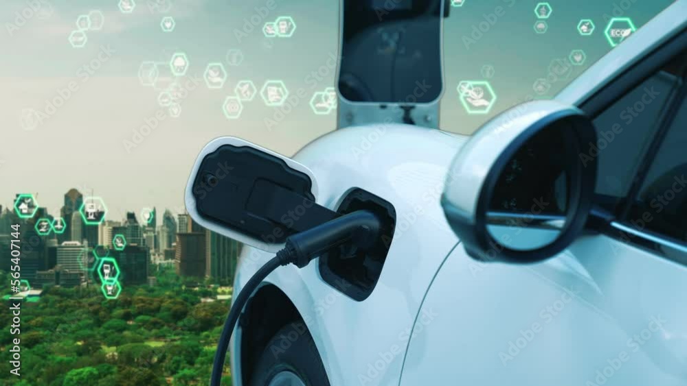 Progressive green city ESG symbol background with electric vehicle, EV ...