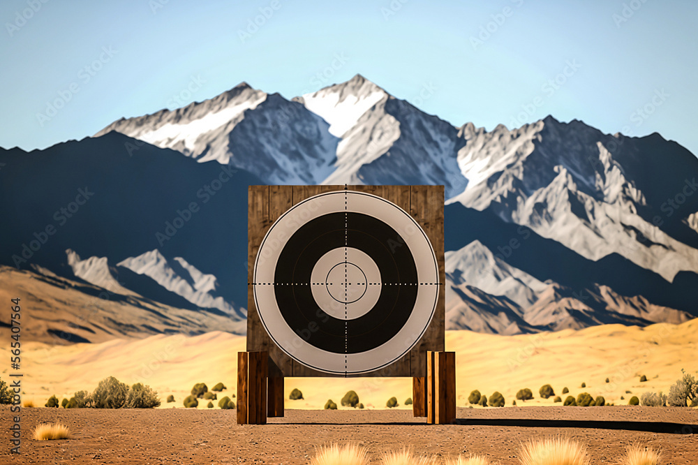 A wooden shooting target located in an outdoor shooting range with a ...