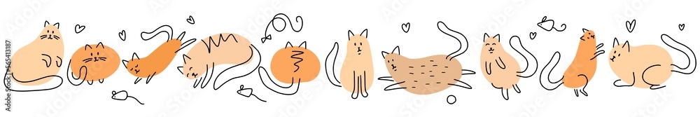 Collection of cats of different breeds, hand-drawn in the style of a ...
