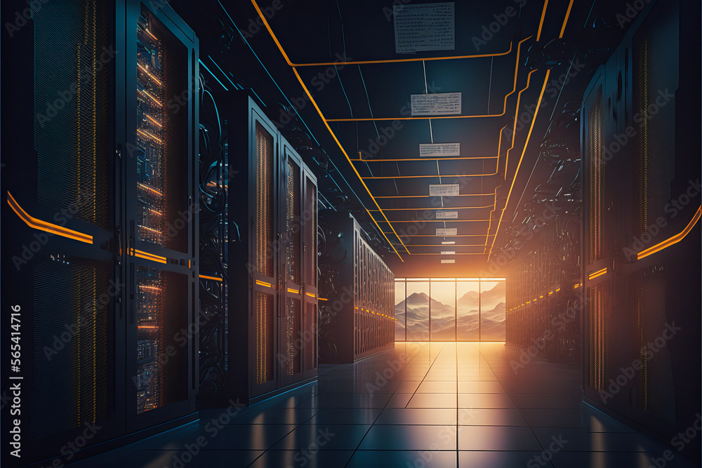 Illuminating data center interior with dramatic lighting. Digital ...
