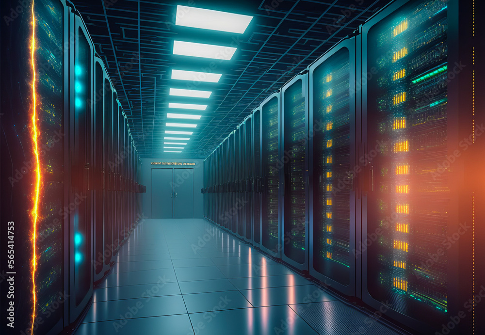 Illuminated digital data center interior. Dramatic lighting, powerful ...