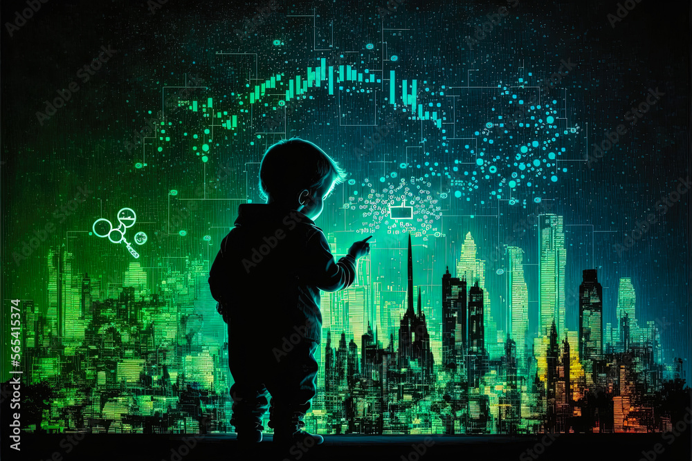 Child interacting with a digital screen in a high-tech night scene. A ...