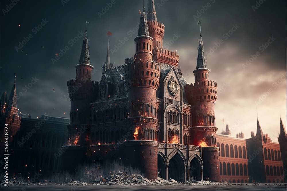 Burning and destroyed Kremlin. Symbol of the collapse of the empire. AI ...