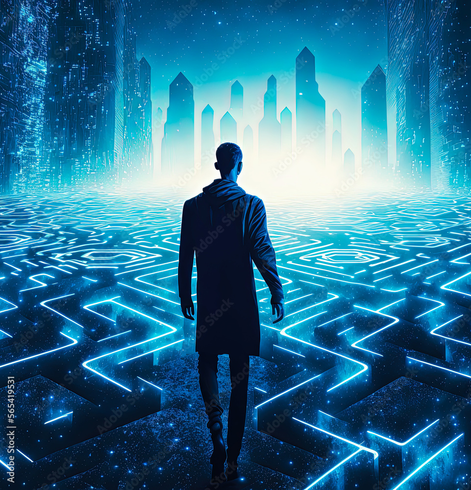 Lost man, alone in a digital world, an infinite virtual reality ...