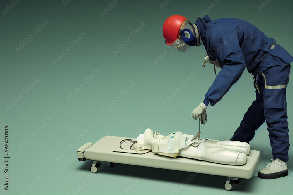 First aid for injuries in work accidents. Using first aid equipment ...