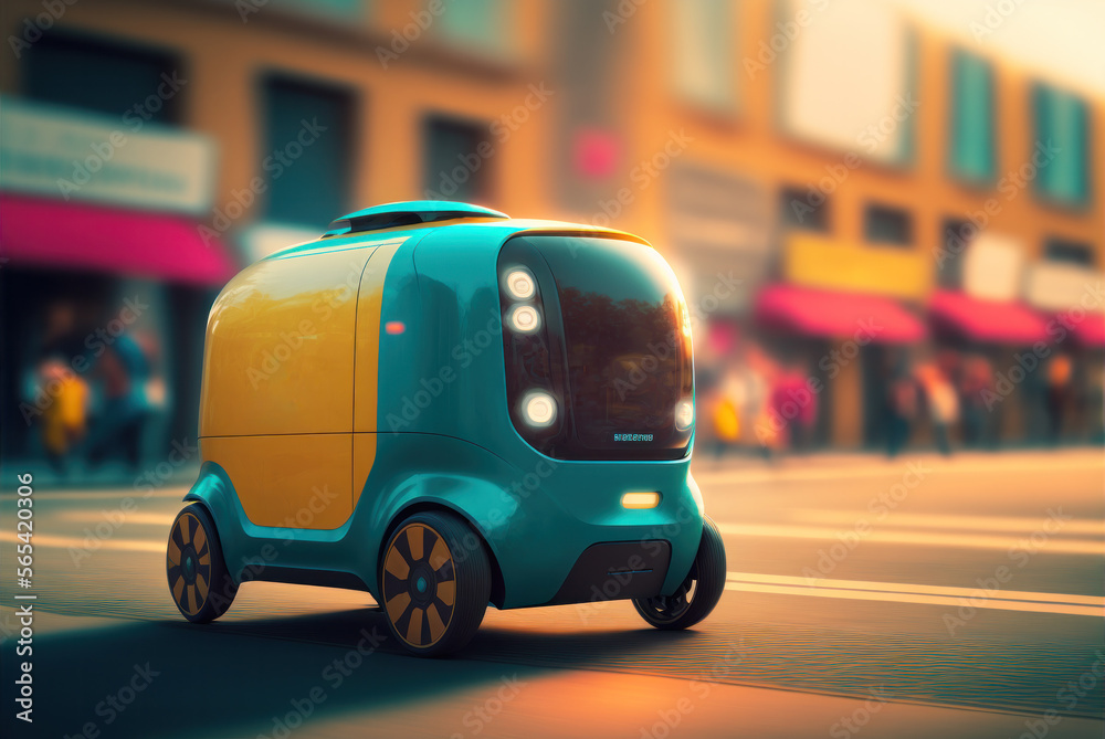 An automated delivery robot standing still on a city street, captured ...