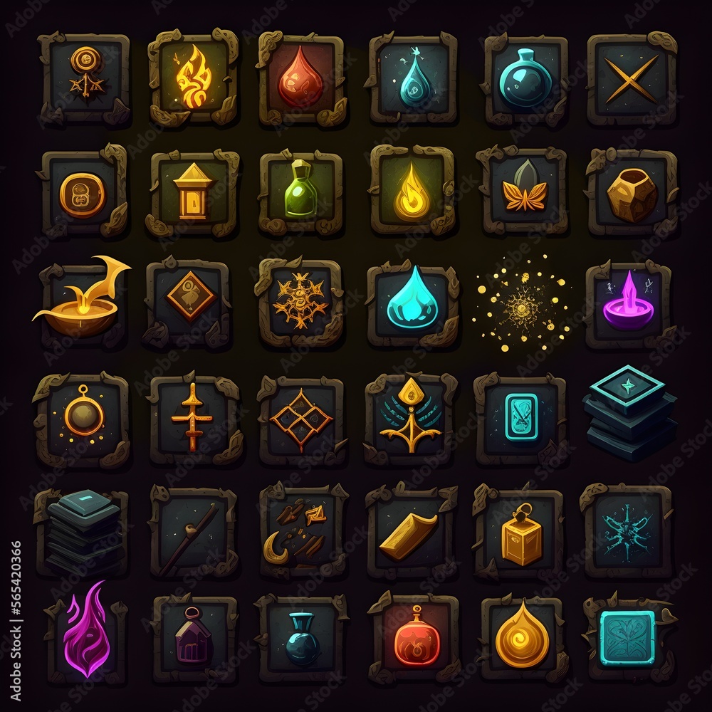 Set of Icons, magic spell potion sprite, Collection of colorful user ...
