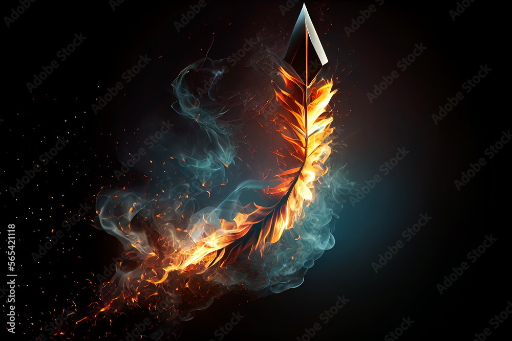 Burning arrow made of fire and smoke on black background. Digitally ...