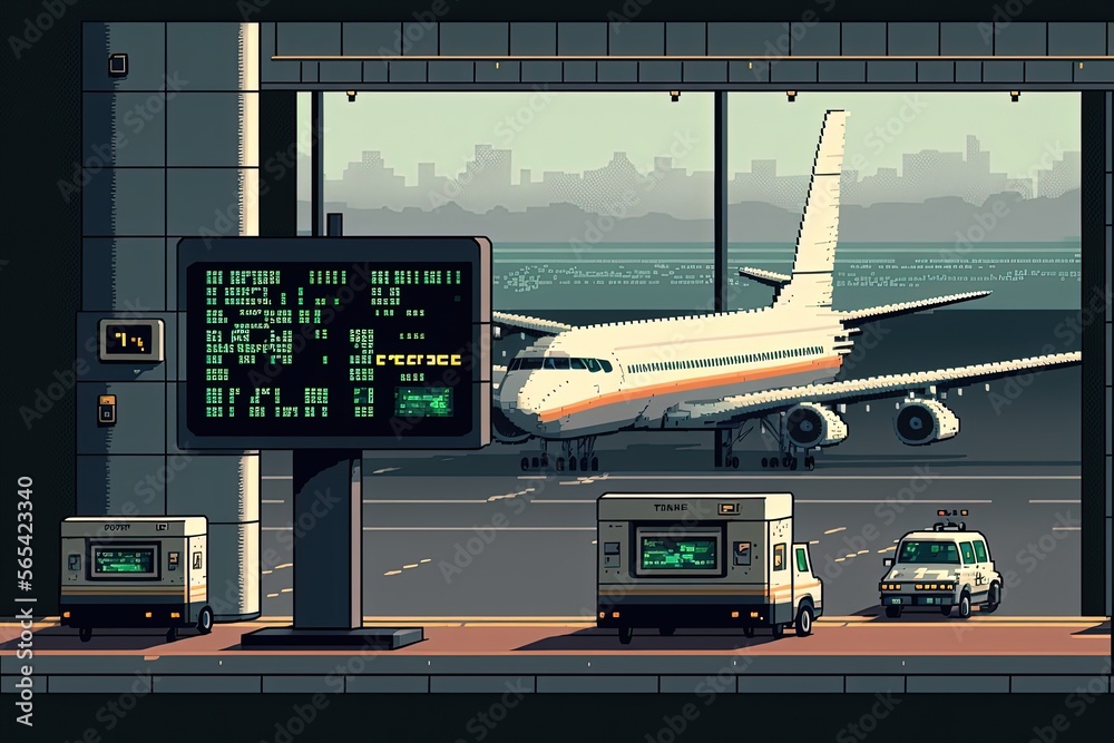 Pixel art airport with airplane, background in retro style for 8 bit ...