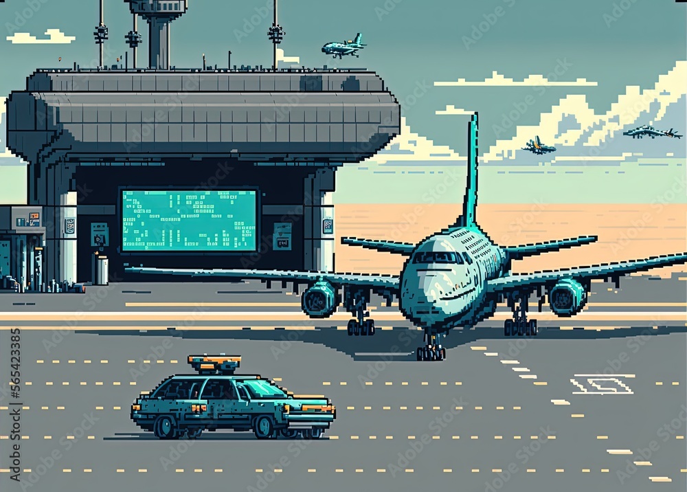 Pixel art airport with airplane, background in retro style for 8 bit ...