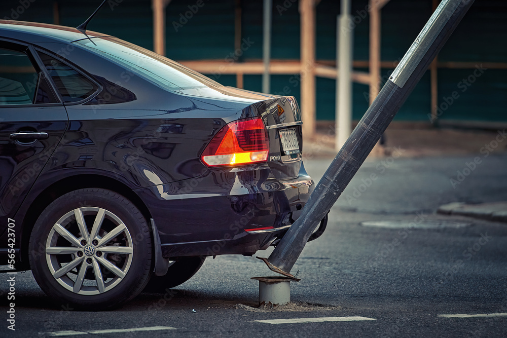 Minsk, Belarus. Aug 2022. Car accident, VW Polo damaged rear bamper ...