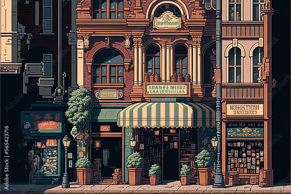Pixel art shops in european shopping street, old european shops ...