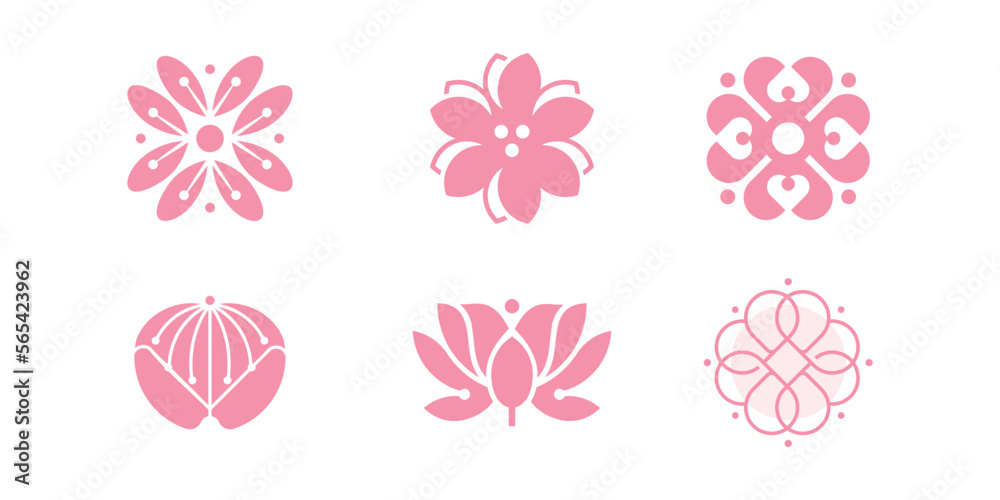 Flower icon set.Japanese style logo design template. Cherry blossom Pink flowers on white ...