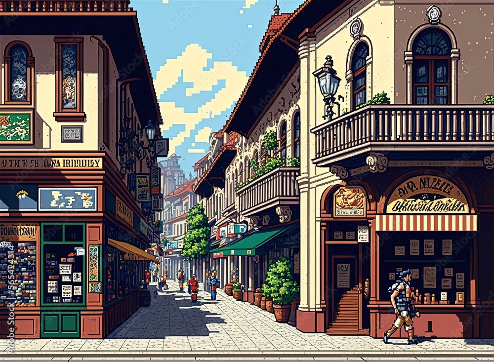 Pixel art shops in european shopping street, old european shops ...