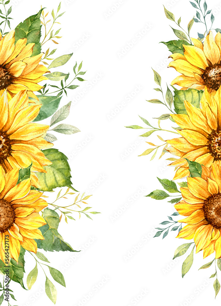 Sunflower Wedding Invitation frame watercolor. Floral frame for wedding ...